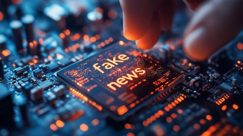 Close Up of Hand Touching Microchip with Words Fake News Illuminated ...