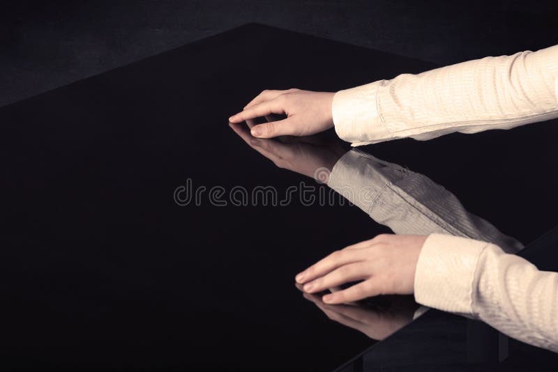 Close Up of a Hand Touching Smart Table with Copy Space Stock Image ...