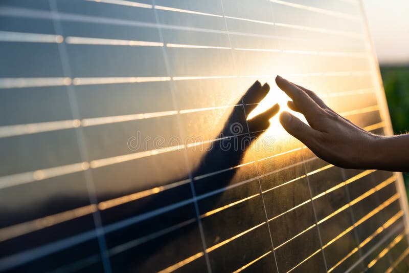 Close-up of a Hand Touching a Solar Panel at Sunset Stock Photo - Image ...
