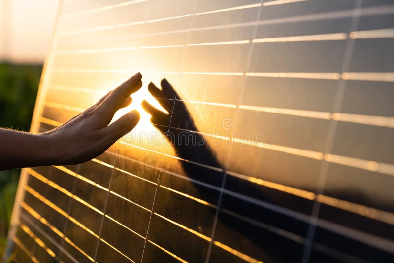Close-up of a Hand Touching a Solar Panel at Sunset Stock Image - Image ...