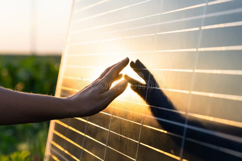 Close-up of a Hand Touching a Solar Panel at Sunset Stock Image - Image ...