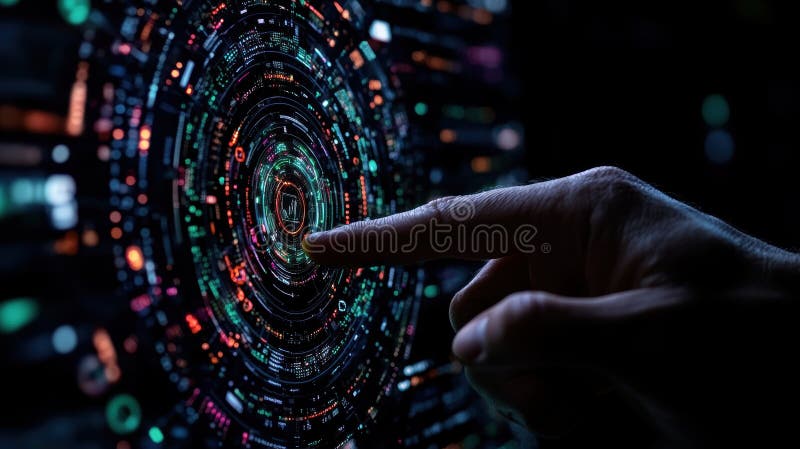 Close-up of a Hand Touching a Vibrant, Circular Digital Interface ...