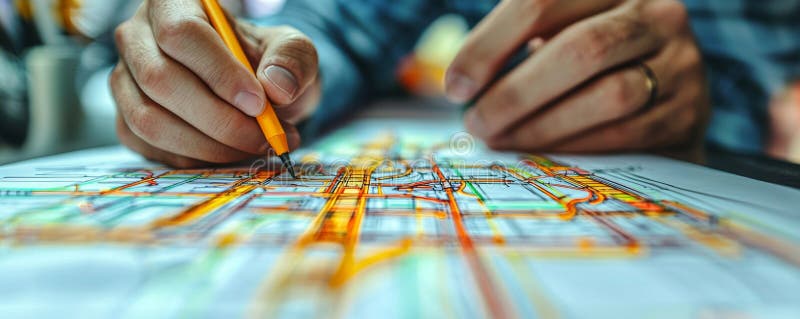 Close-up Hand Tracing Complex Blueprint with Yellow Pen - Focused on ...