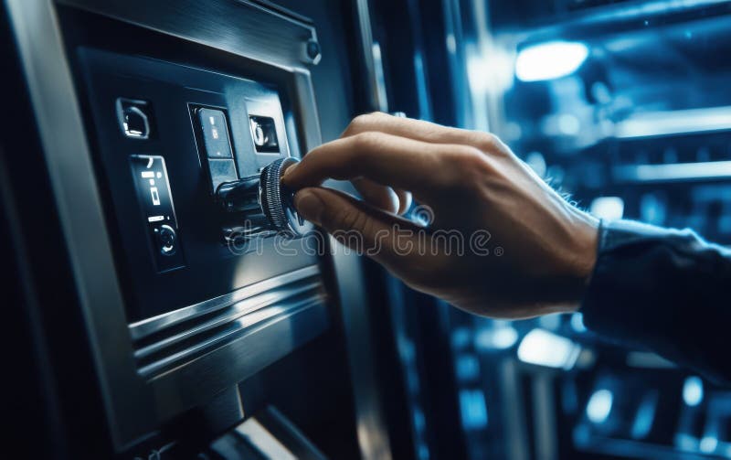 Close Up of Hand Turning a Dial on a Server Rack in a Data Center Stock ...