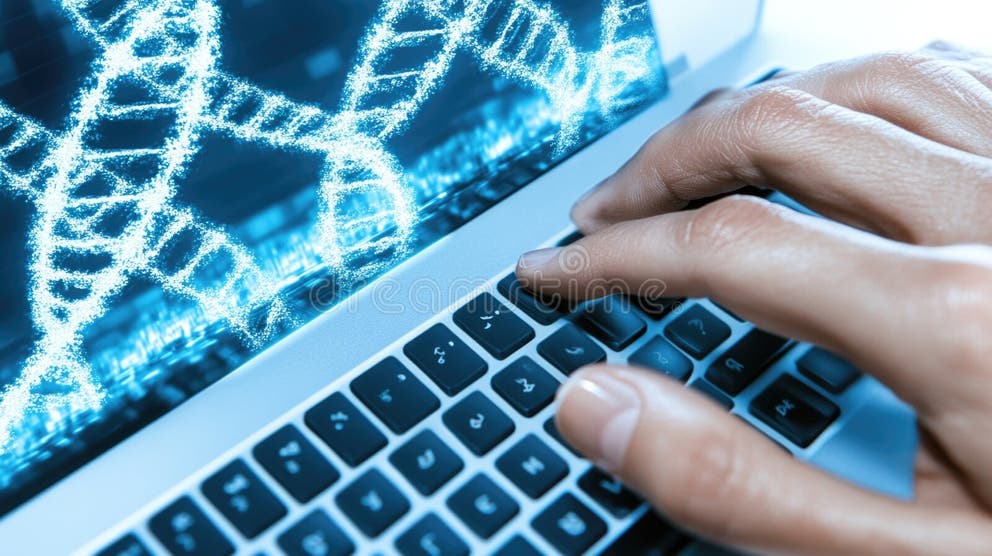 Close-up of Hand Typing on Laptop with Dna Sequence Displayed on Screen ...