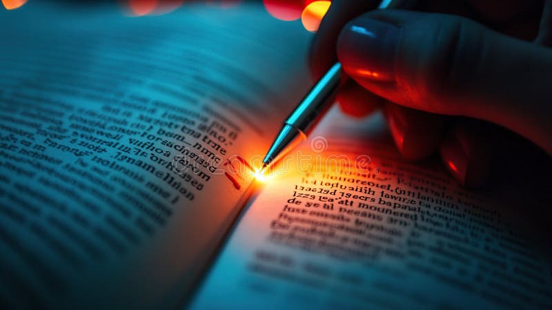 Close-up of Hand Underlining Text in Book with Pen Stock Illustration ...