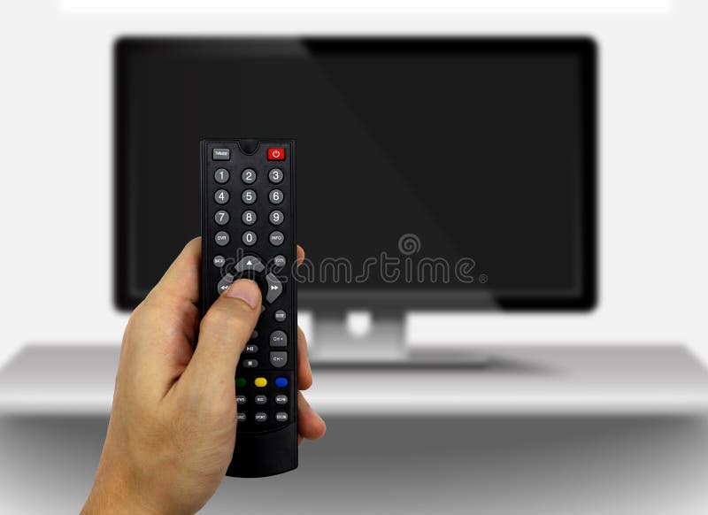 Close Up Hand Use Remote Control Over Blurred Smart TV on White Stock ...