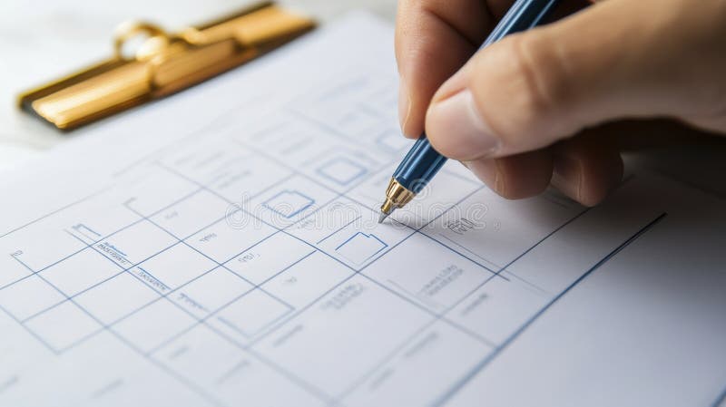 Hand Filling Out a Gridded Form with a Blue Pen Stock Illustration ...