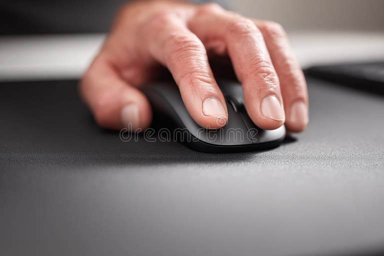 Close-up of a Hand Using a Computer Mouse on a Black Desk Surface in an ...