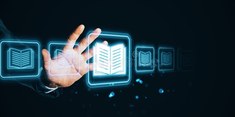 Close Up of Hand Using Creative E-book Hologram on Dark Background. E ...