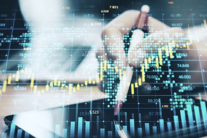 Close Up of Hand Using Digital Tablet with Pen and Creative Forex Chart ...