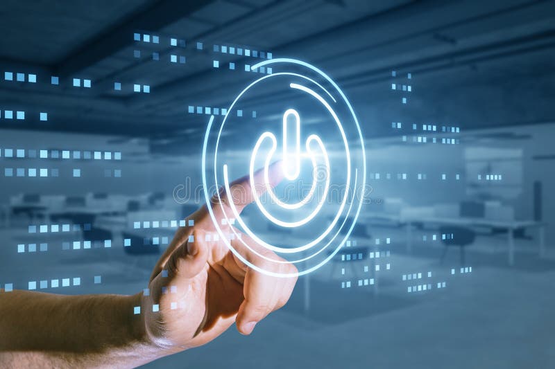 Close Up of Hand Using Glowing Digital Power Button on Office Interior ...