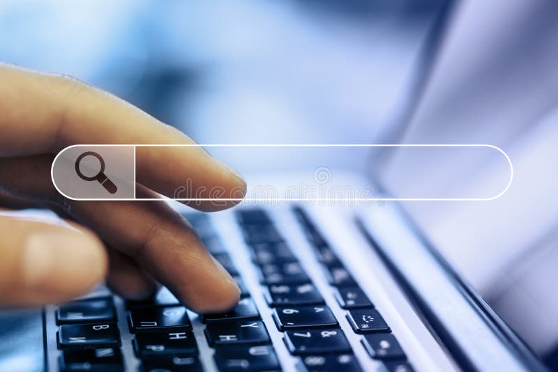 Close Up of Hand Using Laptop Computer on Background with Search Bar ...