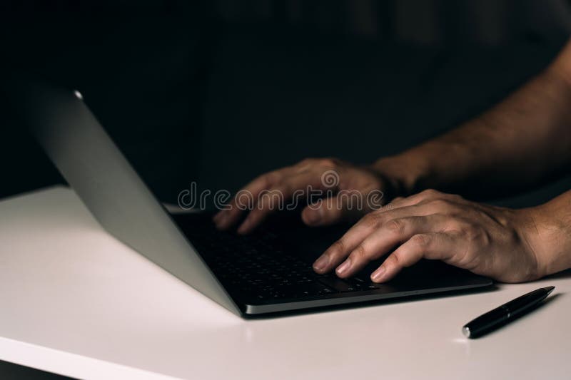 Close Up Hand Using Laptop Computer on Desk Stock Photo - Image of ...