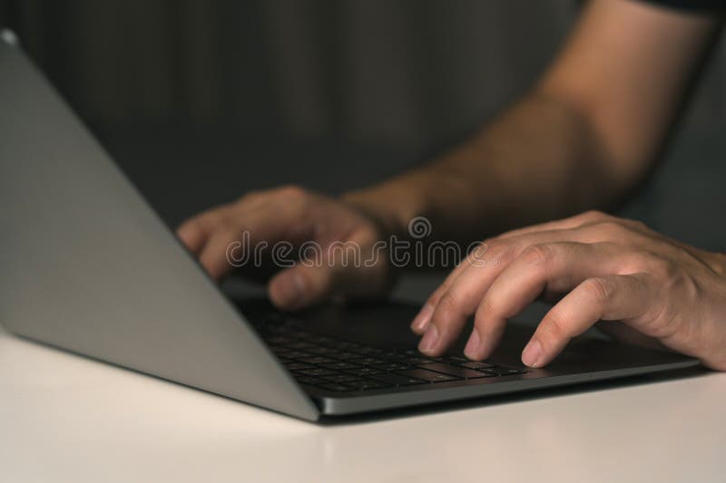 Close Up Hand Using Laptop Computer on Desk Stock Image - Image of ...