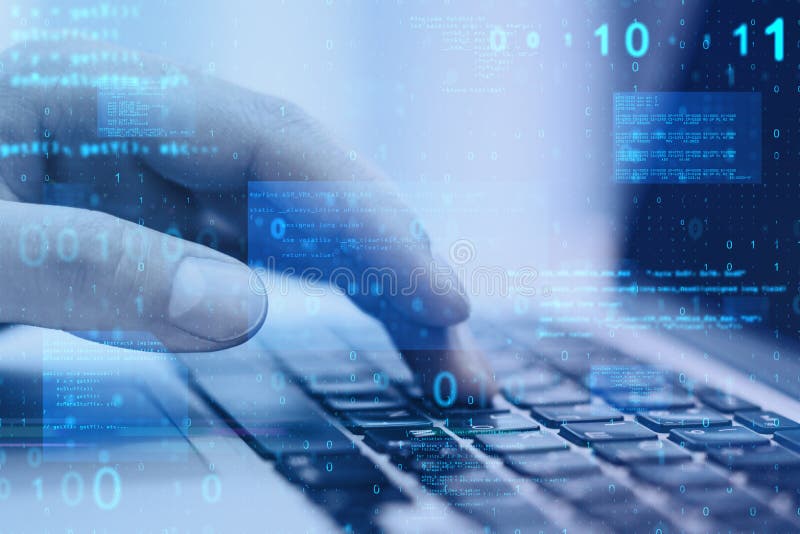 Close Up Of Hand Using Laptop At Desktop With Abstract Glowing Blue