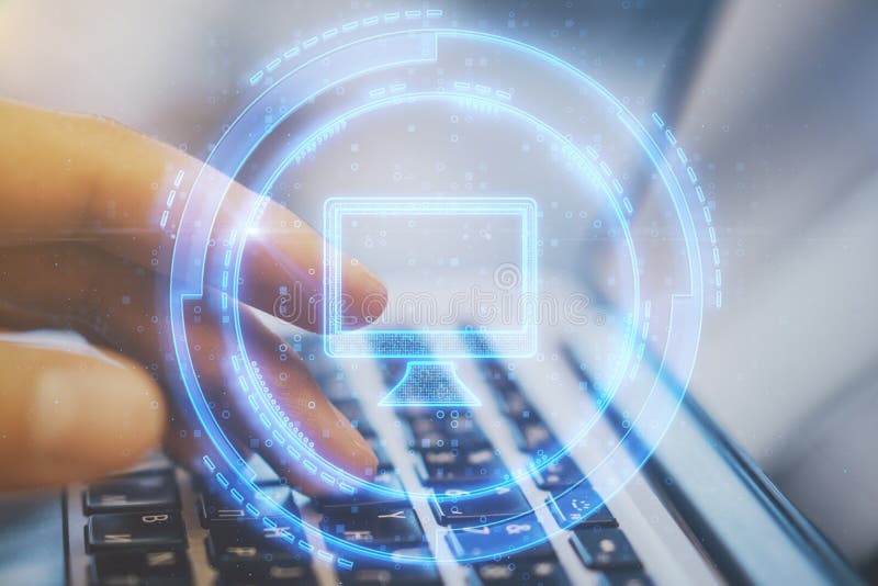 Close Up of Hand Using Laptop with Glowing Computer Interface ...