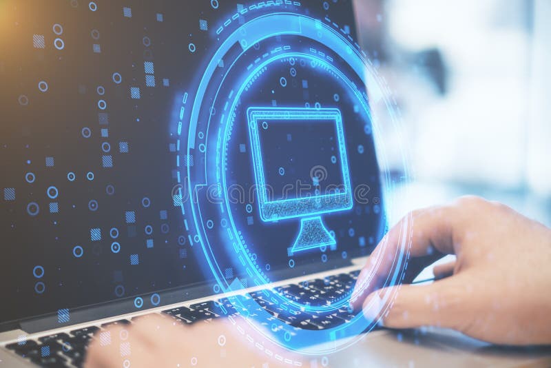 Close Up of Hand Using Notebook with Glowing Computer Interface ...