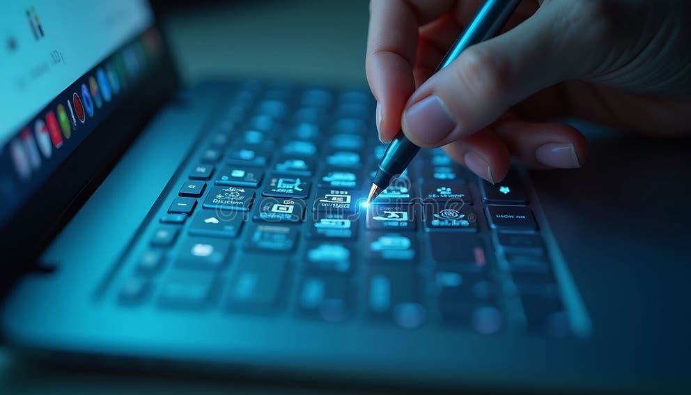 Close Up of Hand Using Pen on Illuminated Laptop Keyboard in a Dark ...