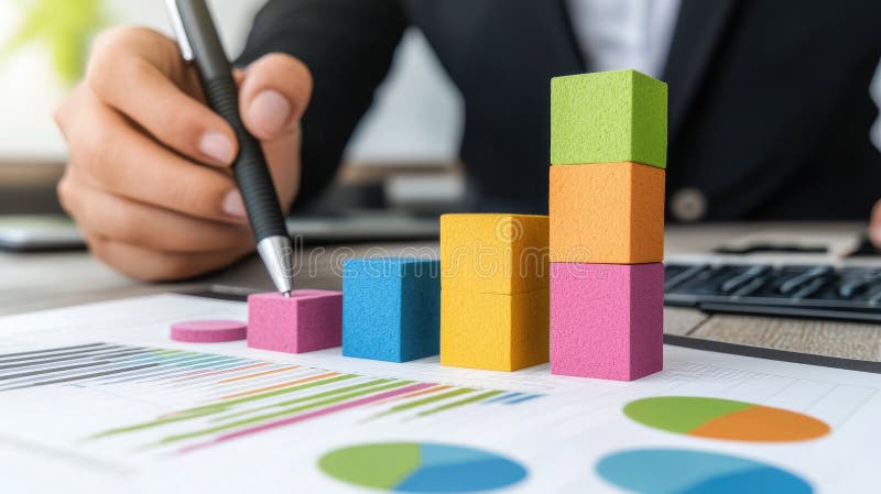 A Close-up of a Hand Using a Pen To Analyze Colorful Bar Graphs and Pie ...