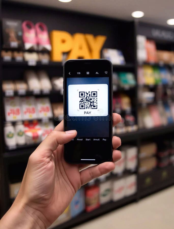 Hand Using Phone with QR Code Image with Word "Pay" at the Bottom on ...