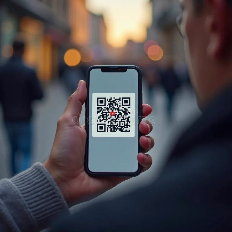 Close-up of Hand Using Phone with QR Code Screen. Blurred City ...