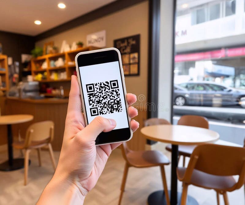 Close-up of a Hand Using a Phone To Scan a QR Code in a Coffee Shop ...