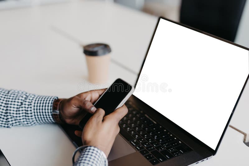 Close Up Hand Using Phone White Screen on Workspace Table Stock Image ...