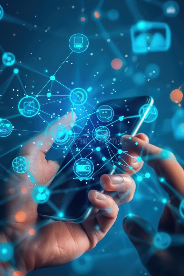 Close-up of a Hand Using a Smartphone with Glowing Digital Icons Overlay, Symbolizing Technology ...