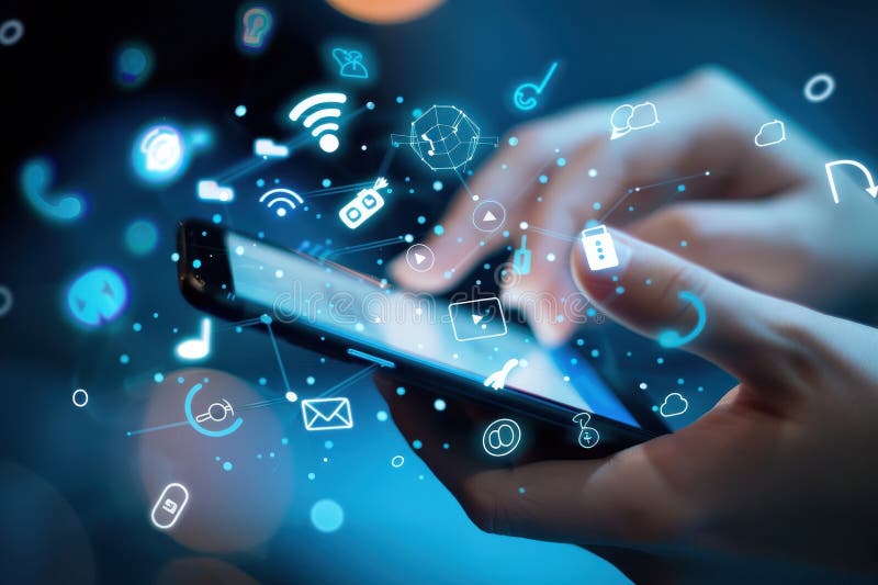 Close-up of a Hand Using a Smartphone with Glowing Digital Icons ...