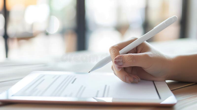 Close-up of Hand Using Stylus To Complete Consumer Survey Form on Tablet, Modern Design ...