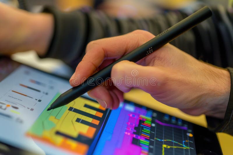 Close-up of Hand Using Stylus on Touchscreen with Colorful Graphs and ...