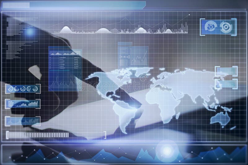 Close Up of Hand Using Tablet with Abstract Radar Map Interface on ...