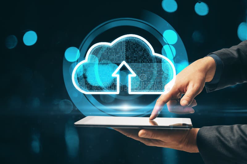 Close Up of Hand Using Tablet with Creative Glowing Clouds Hologram on ...