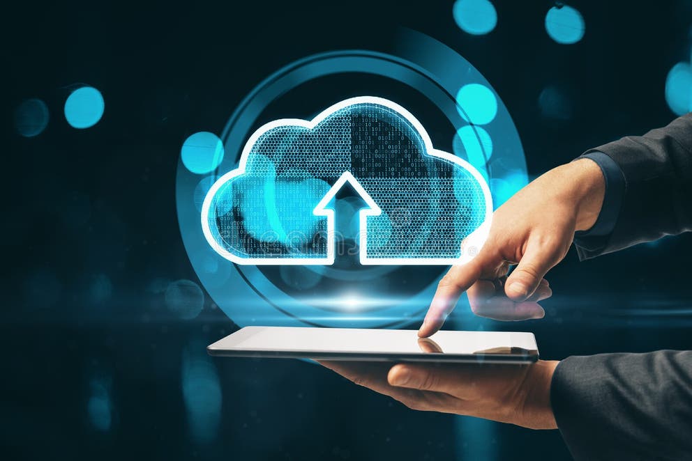 Close Up of Hand Using Tablet with Creative Glowing Clouds Hologram on ...