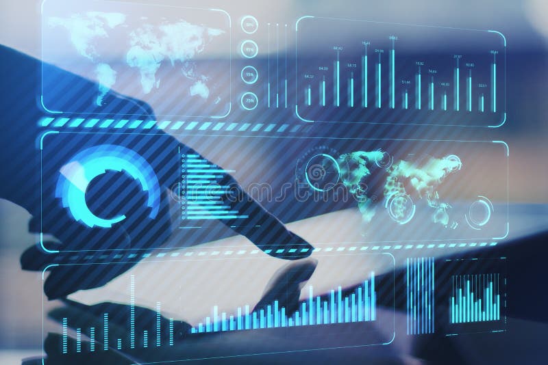 Close Up of Hand Using Tablet on Desktop with Creative Glowing Blue ...