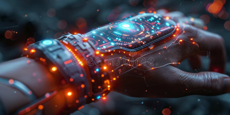 Close-up of a Hand Wearing a High-tech Wrist Device with Glowing ...