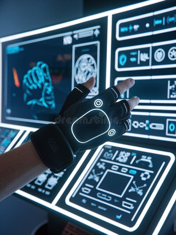 Hand with Advanced Glove Operating Futuristic Control Panel Stock ...