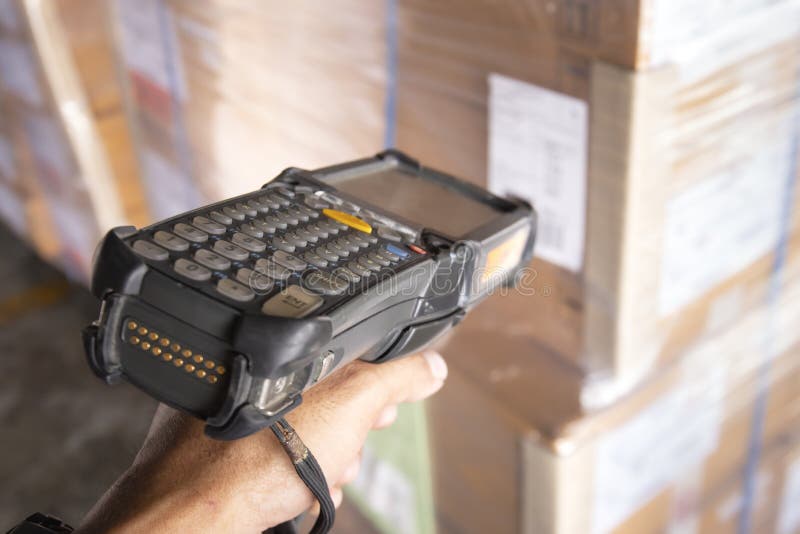 Close-up, Hand of Worker Holding Barcode Scanner Scanning Cargo Boxes ...