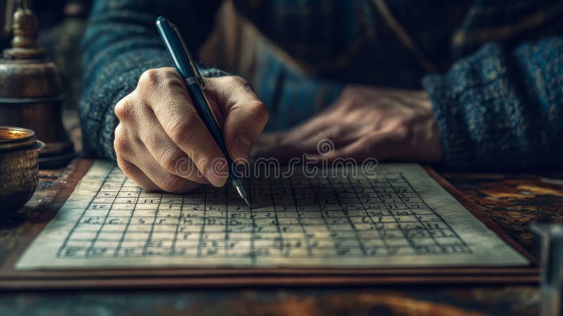 Close-up of a Hand Writing on a Gridded Paper with a Pen Stock Image ...