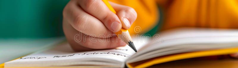 Close-up of a Hand Writing in a Notebook with a Yellow Pencil - Student ...