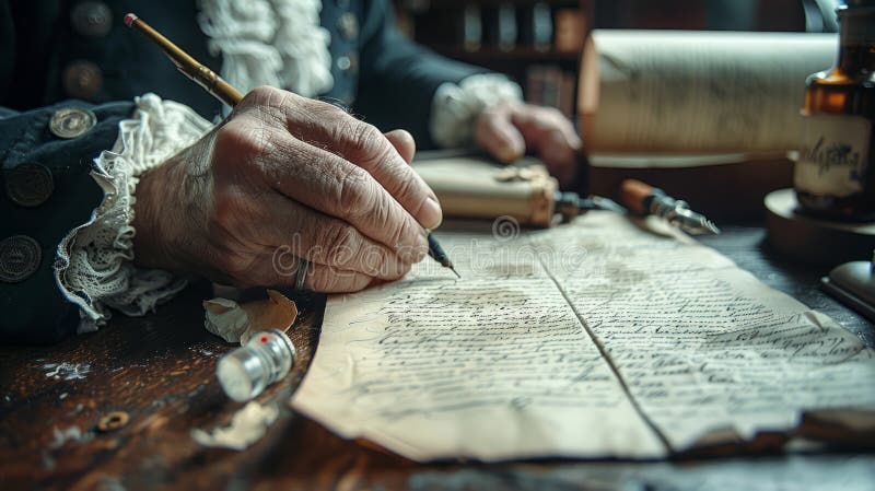 Close-up of Hand Writing on Parchment with Quill. Stock Photo - Image ...