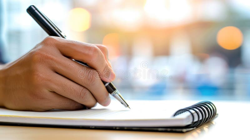 Close-up of Hand Writing with Pen on Spiral Notebook at Desk. Stock ...