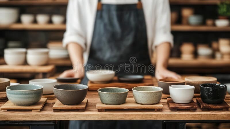 Close Up of Handcrafted Ceramic Bowls on a Wooden Table, Artisan Pottery Studio, Handmade Stock ...