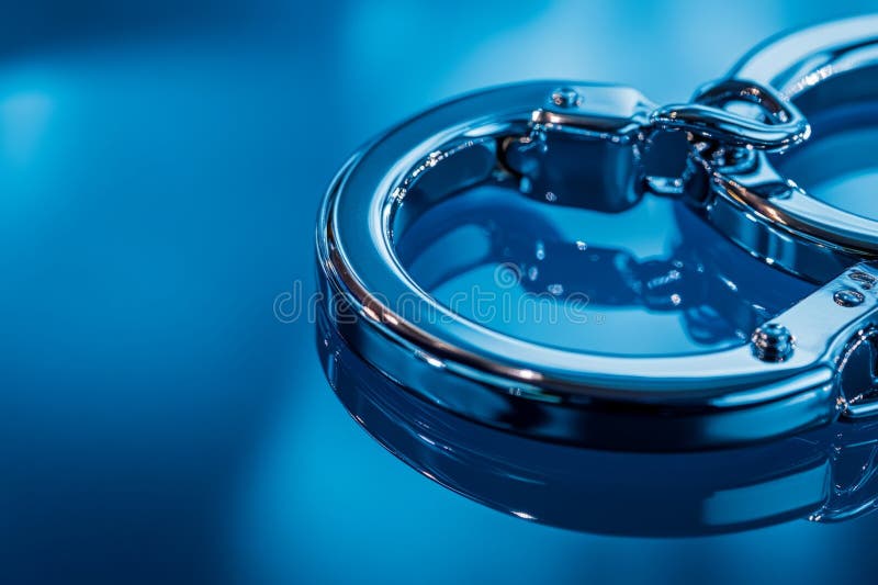 Shiny Metal Handcuffs Rest Against a Blue Background. the Image ...