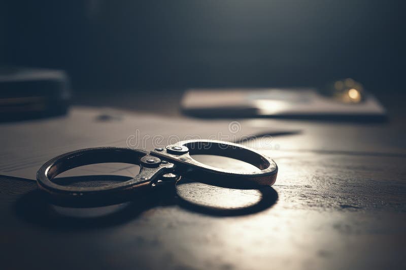 Close-Up of Handcuffs on Table with Law Enforcement Elements in ...