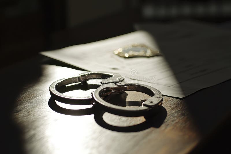 Close-Up of Handcuffs on Table with Law Enforcement Elements in ...