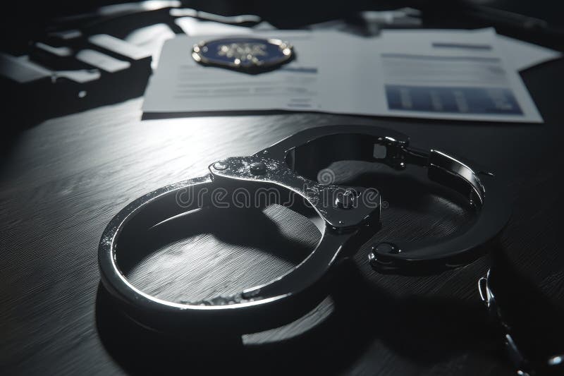 Close-Up of Handcuffs on Table with Law Enforcement Elements in ...