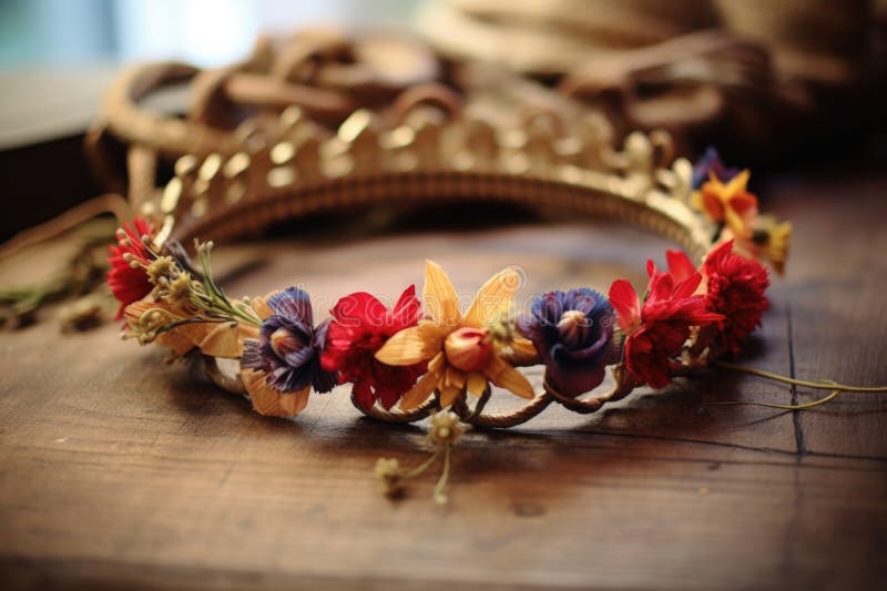 Close-up of a Handmade Flower Crown on a Wooden Table Stock Photo ...