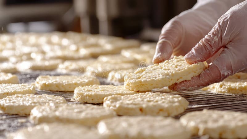 Close-up of Handmade Gloved Preparation of Rice Crackers in a Bakery ...